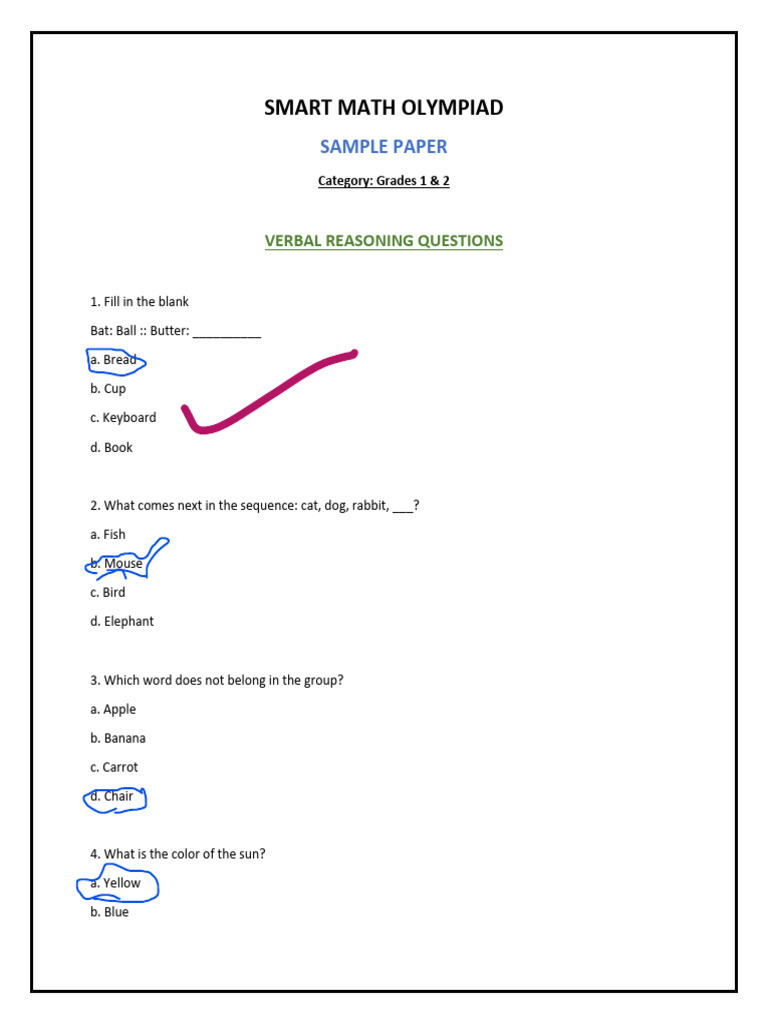 Sample Paper - Grades 1&2 SMO | PDF | Shape | Elementary Geometry