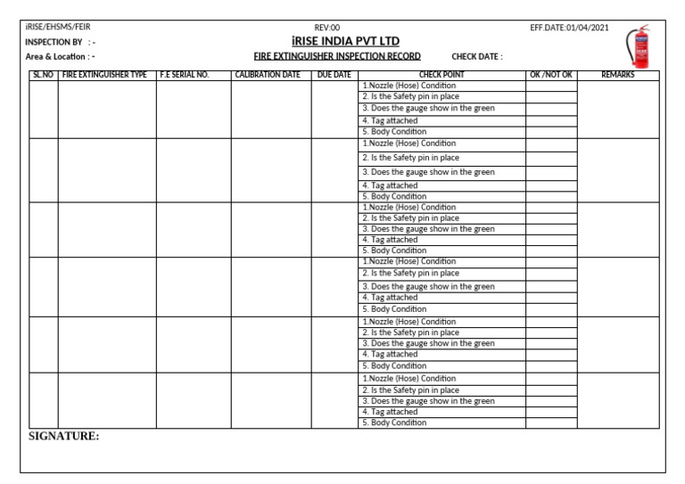 Monthly Fire Extinguisher Inspection Log | PDF