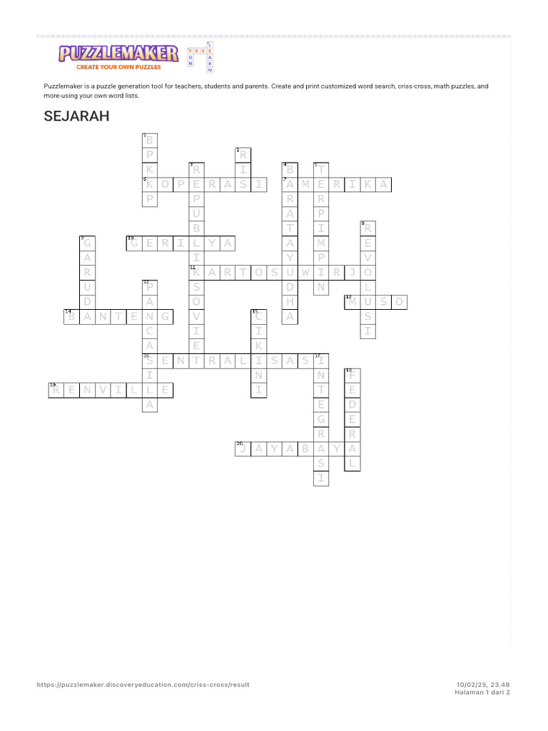 Criss Cross Puzzle | Discovery Education Puzzlemaker | PDF