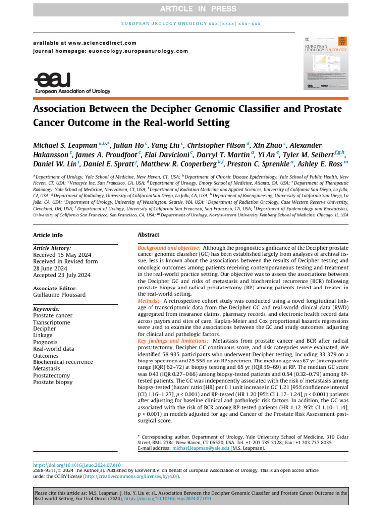 2024 Association Between The Decipher Genomic Classifier and Prostate ...