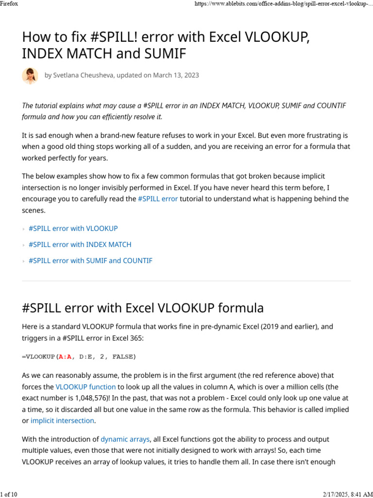 #SPILL! error with Excel VLOOKUP, INDEX MATCH and SUMIF resolved | PDF ...