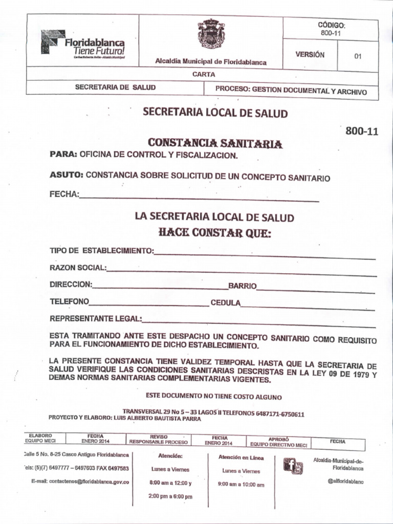 Formulario Constancia Sanitaria Secretaria de Salud | PDF