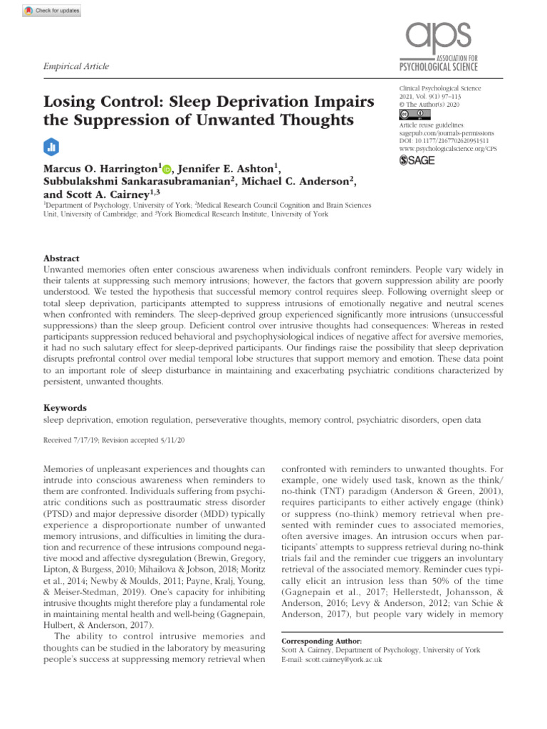 Sleep Loss Impairs Memory Control | PDF | Sleep Deprivation | Sleep