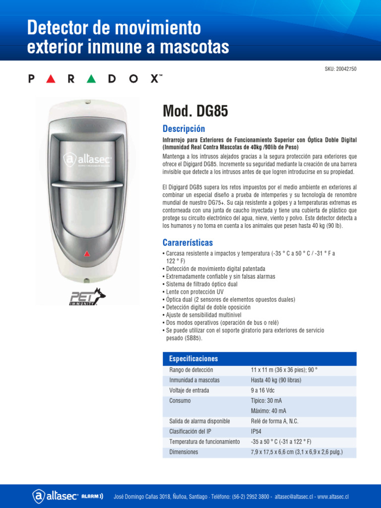 Detector DG85: Inmunidad a Mascotas | PDF