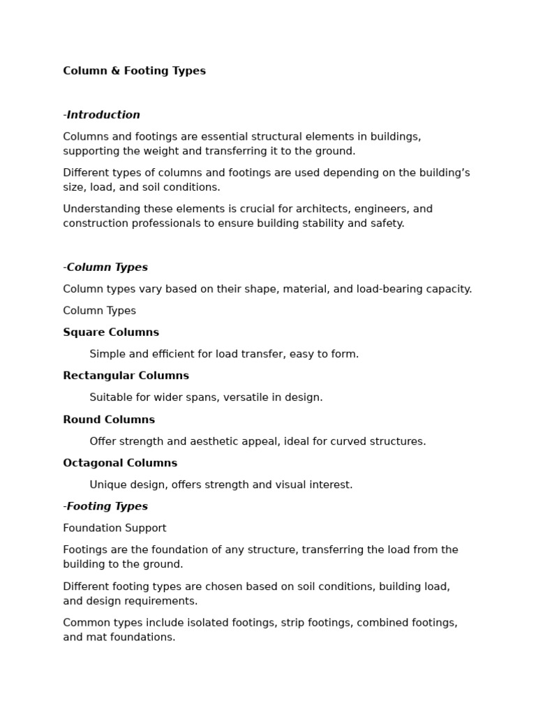 Column & Footing Types Guide | PDF