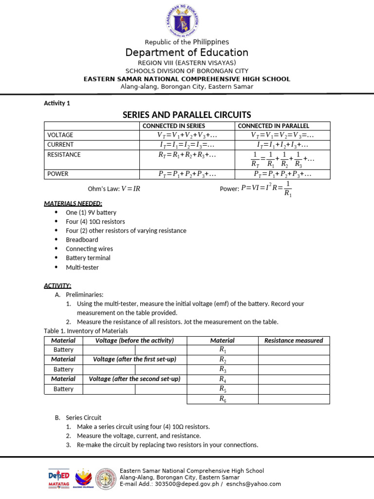 Q4 Activity 1 Series Parallel | PDF | Series And Parallel Circuits | Resistor