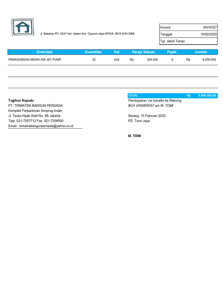 Invoice Pemasangan jet pump | PDF