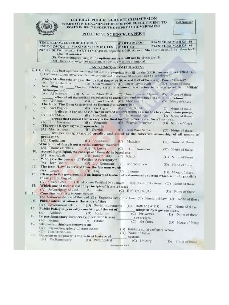 CSS Political Science Paper-I 2025 | PDF