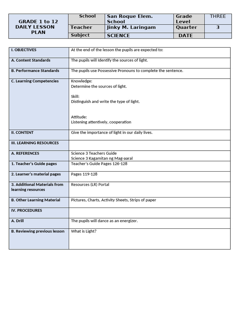Science - Cot - 3 - Grade 3-Week - 8 | PDF | Light | Learning