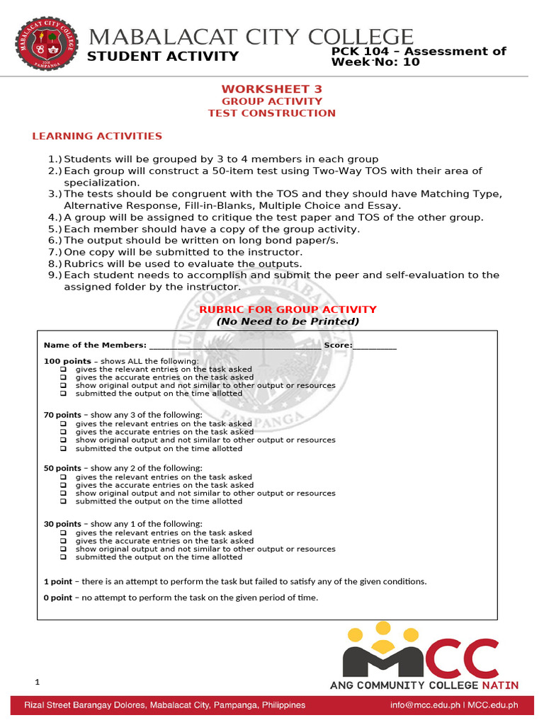Activity 3 Rubrics and Check List 1 | PDF | Multiple Choice | Learning