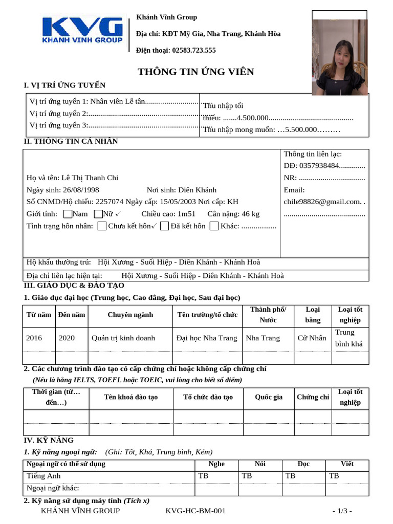 KVG-HC-BM-001 Thông Tin NG Viên - 050029 | PDF