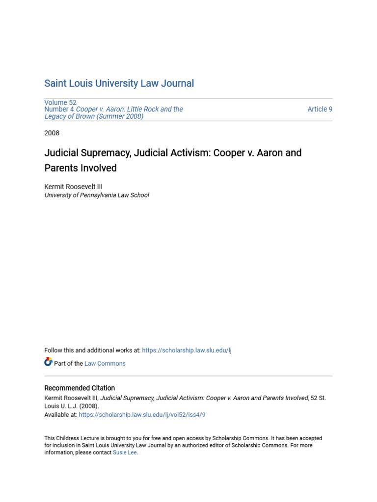 Judicial Supremacy Judicial Activism - Cooper v. Aaron and Parent | PDF ...