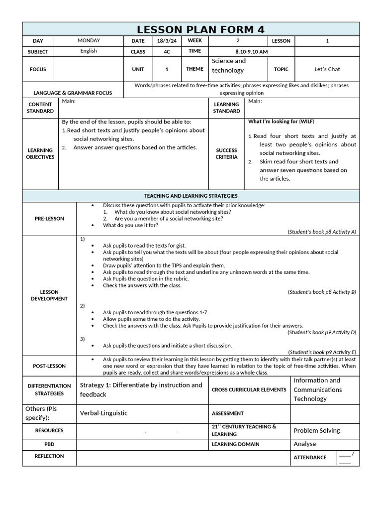 Lesson Plan 1 (FORM 4) 2023 | PDF | Lesson Plan | Social Networking Service