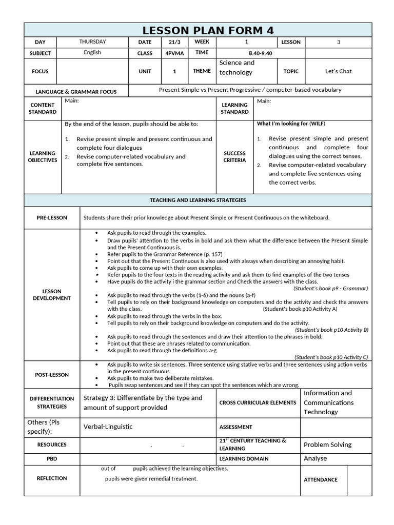 Lesson Plan 3A (FORM 4) | PDF | Verb | English Language