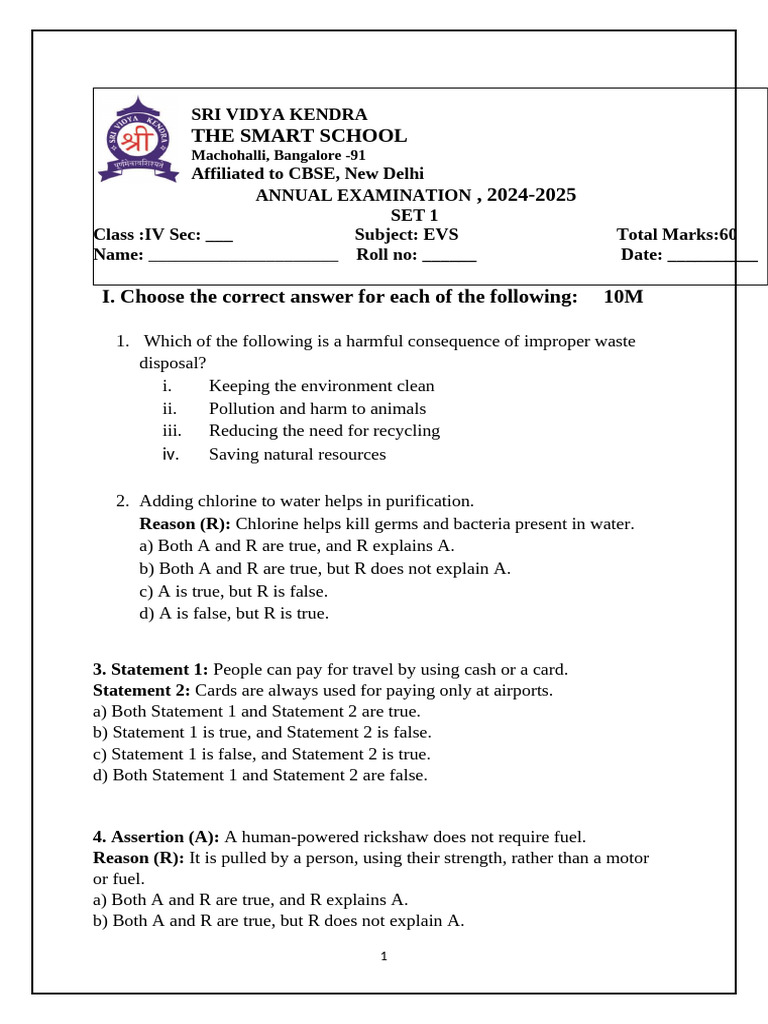 Class 4 EVS Annual Exam Paper 2024-25 | PDF | Water