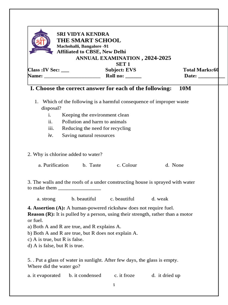 Class 4 EVS Annual Exam Paper 2024 | PDF | Water