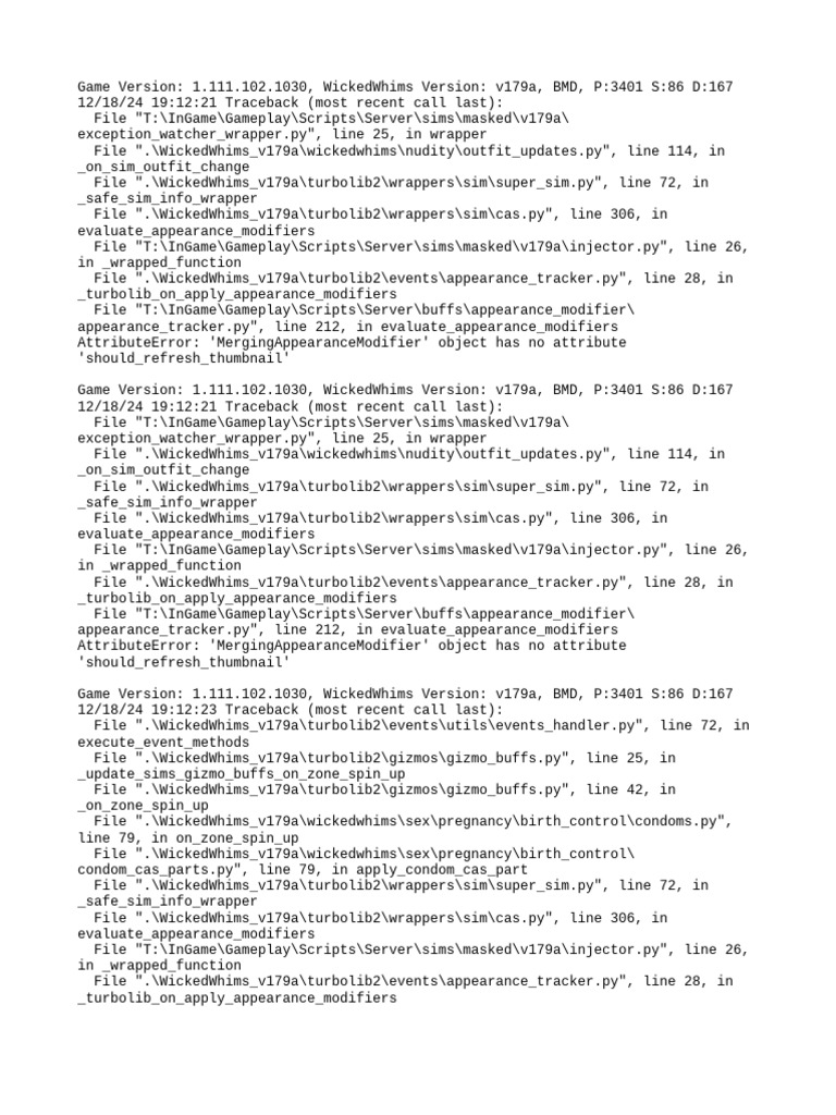 WickedWhims v179a Error Log Analysis | PDF | Computing | Software