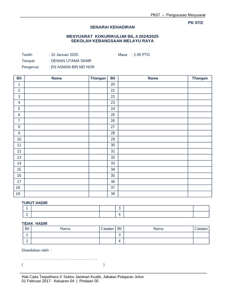 Borang PK 07 2 SENARAI KEHADIRAN MESYUARAT | PDF