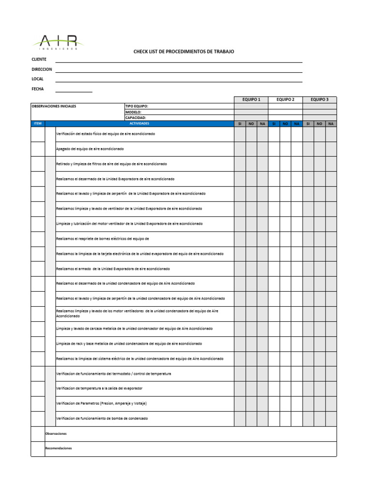 Check List Procedimiento De Trabajo Mantto Hvac Pdf Aire