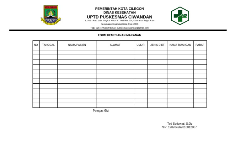 Form Pemesanan Makanan Puskesmas | PDF
