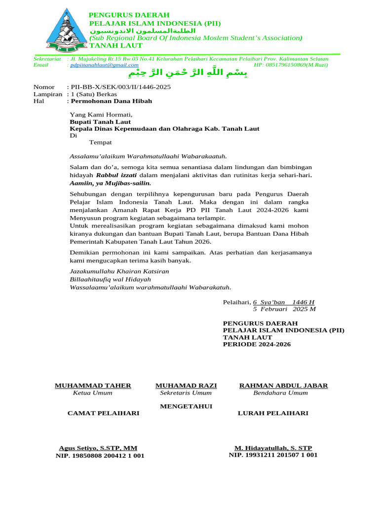 SURAT PERMOHONAN DANA HIBAH PII TALA 2026 | PDF