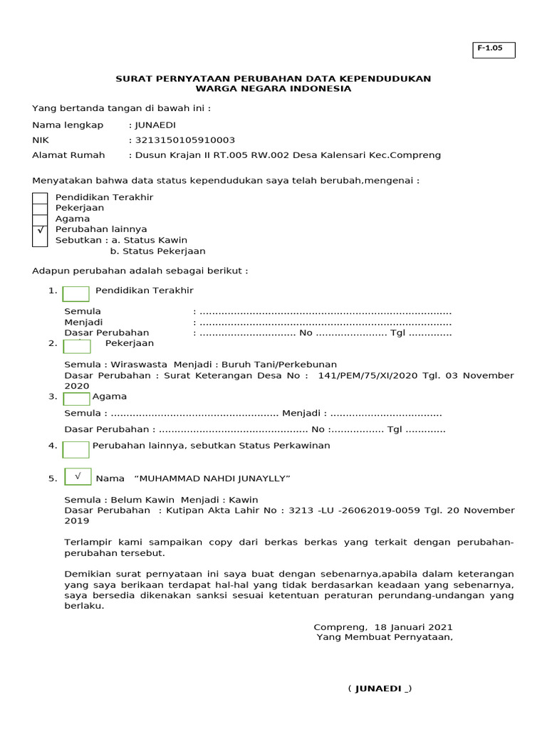Surat Pernyataan Perubahan Data Kependudukan | PDF