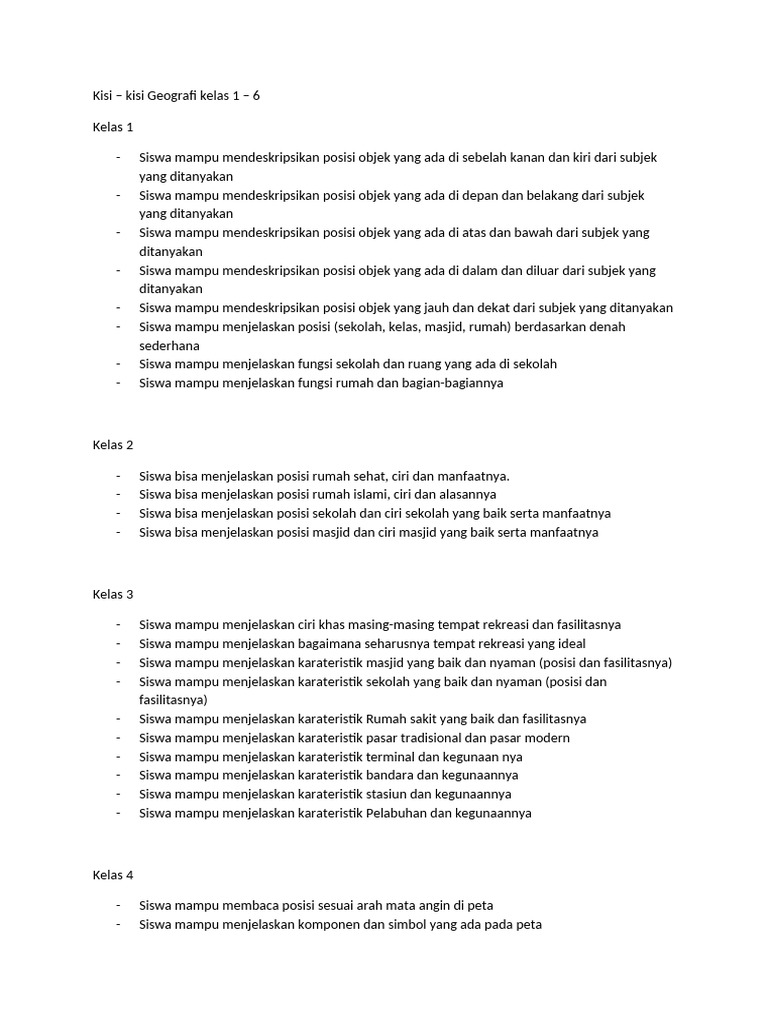 Kisi-Kisi GEO Kelas 1-6 UTS Awal | PDF