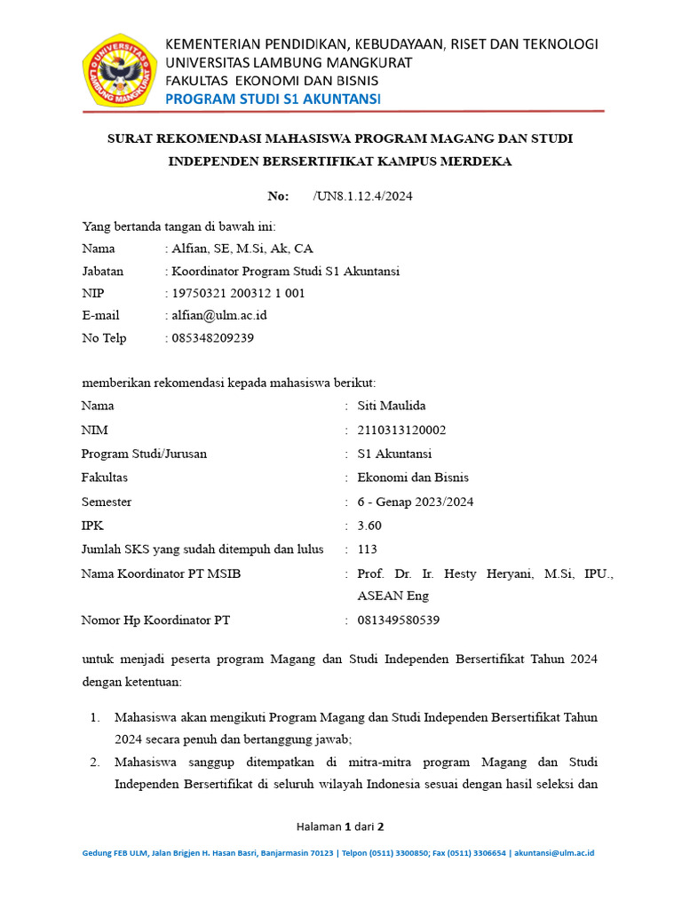 Surat Rekomendasi Mahasiswa Program Magang Dan Studi Independen ...