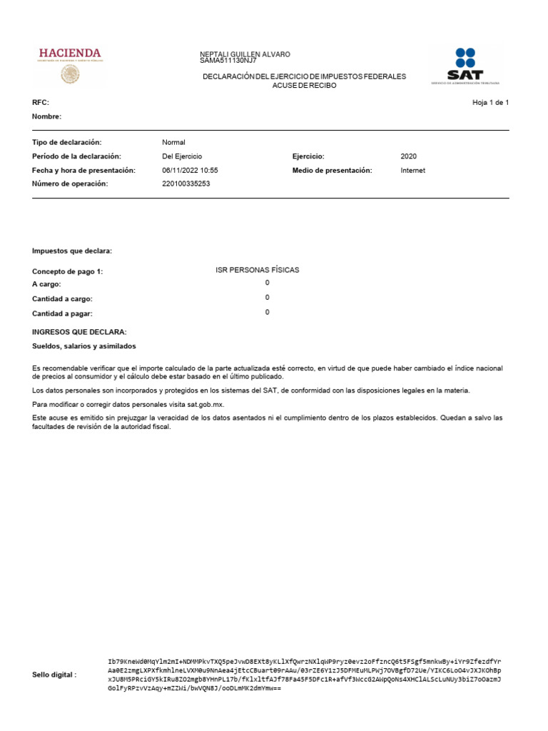 Acuse de Recibo Declaracion Anual 2020 | PDF