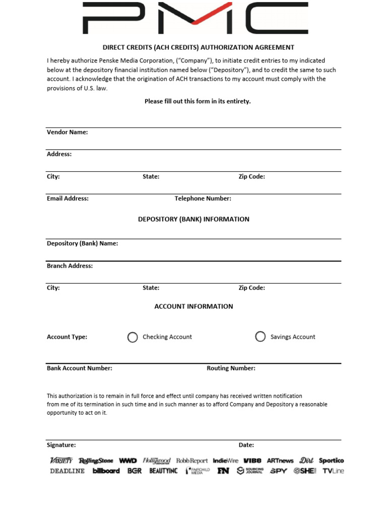 ACH Setup Form Template | PDF