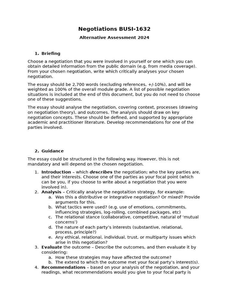 Alternative Assessment - Negotiations BUSI-1632 | PDF | Negotiation | Cognition