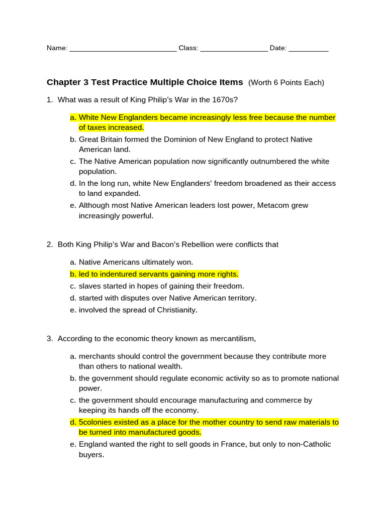 Chapter 3 Test Practice Multiple Choice Items | PDF | Slavery | Slavery ...