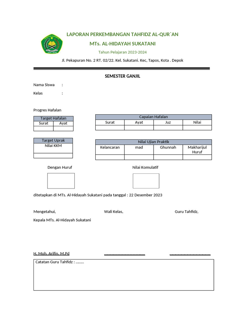 Belanko Raport Tahfidz Quran 2023 | PDF