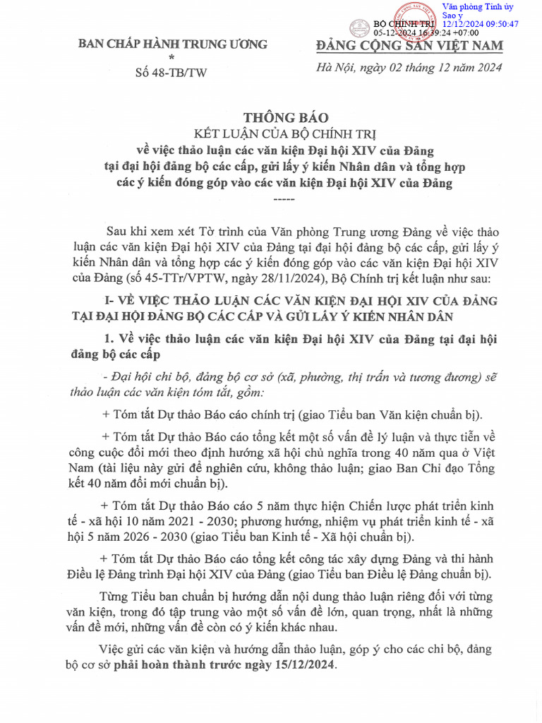 48 Thong Bao Ket Luan Cua Bo Chinh Tri Ve Thao Luan Cac Van Kien Dai ...