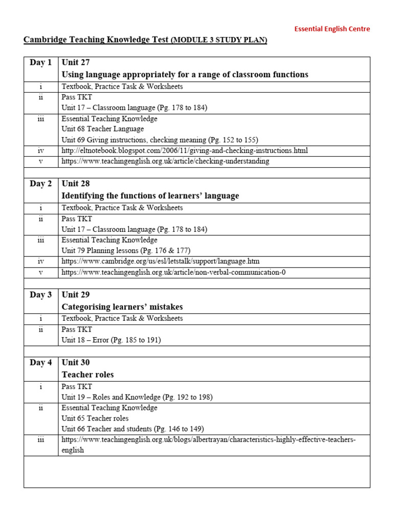 TKT Module 3 Study Plan | PDF | Teachers | Classroom