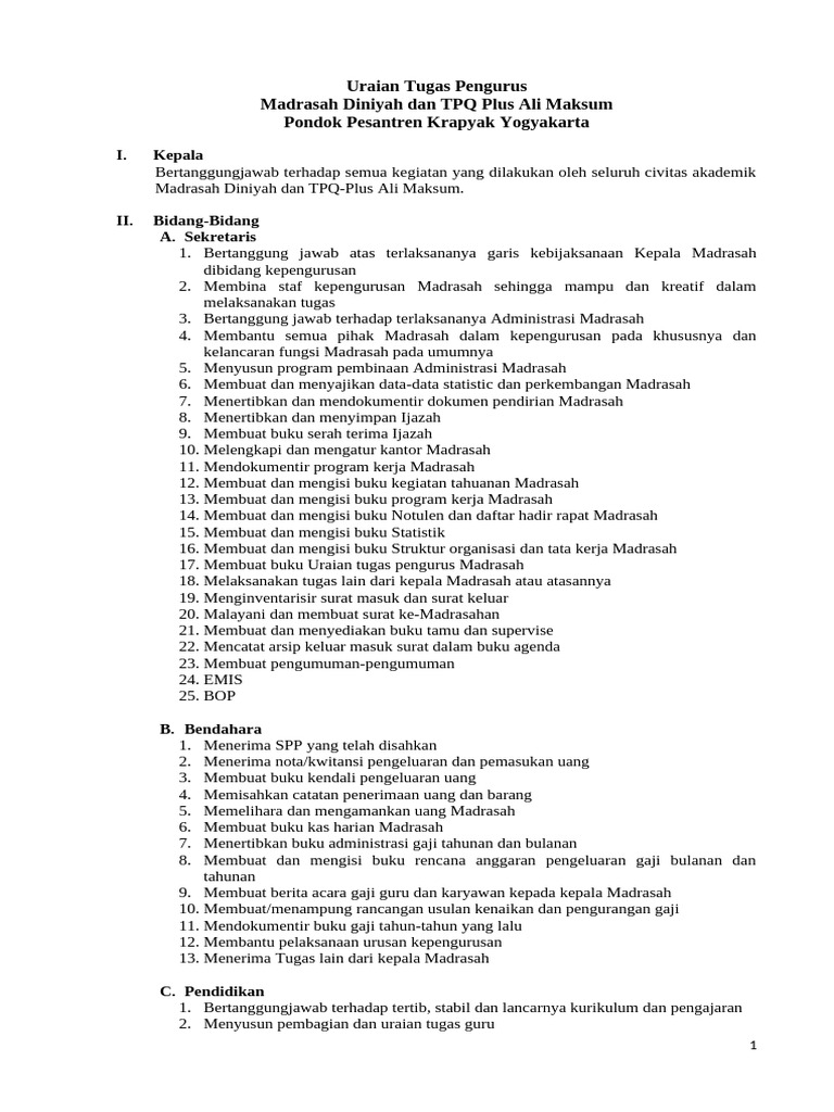 Uraian Tugas Pengurus Madrasah | PDF