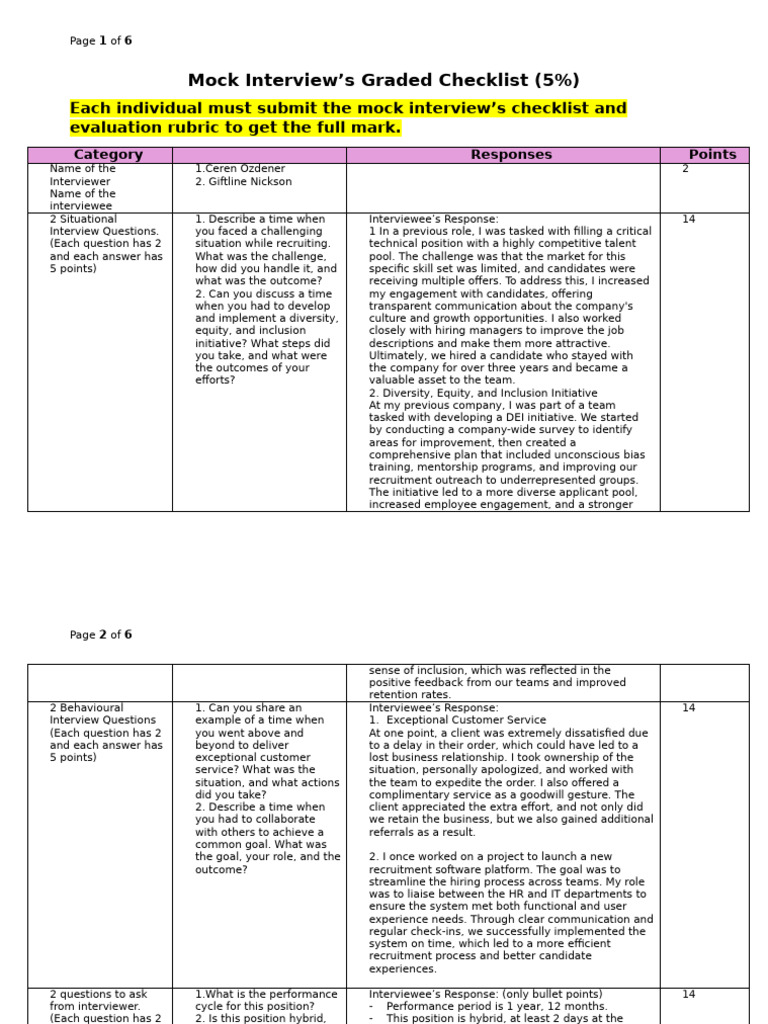 Mock Interview Graded Checklist and Evaluation Rubric | PDF ...