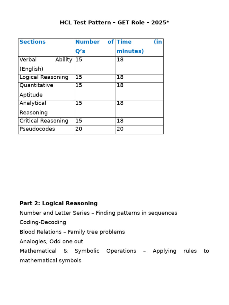 HCL 2025 GET Role Test Pattern Guide | PDF | Reason | Argument