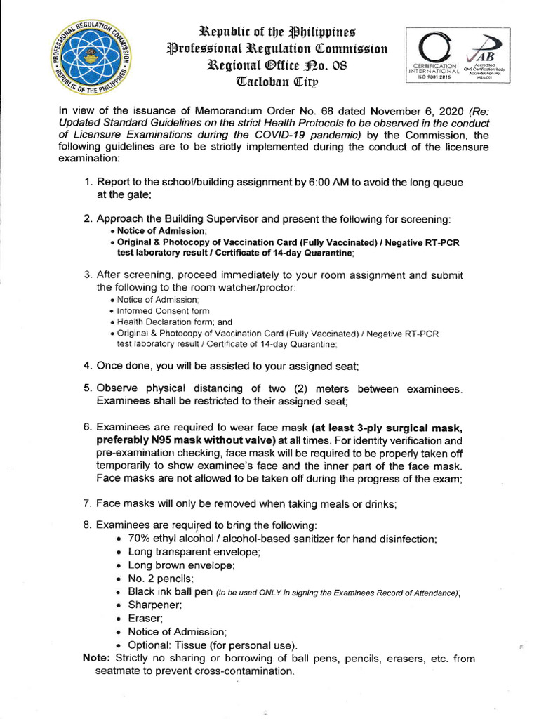 TAC Exam Health Guidelines 2020 | PDF | Pandemic | Public Health