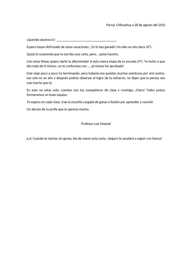 Carta de Bienvenida | PDF