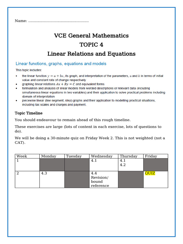 Topic 4 Linear Functions, Graphs, Equations, and Models 1.0 | PDF ...