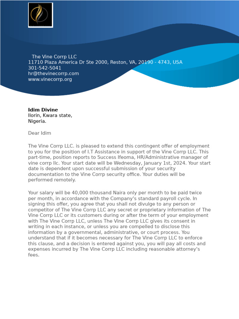 Idim Divine Offer Letter | PDF