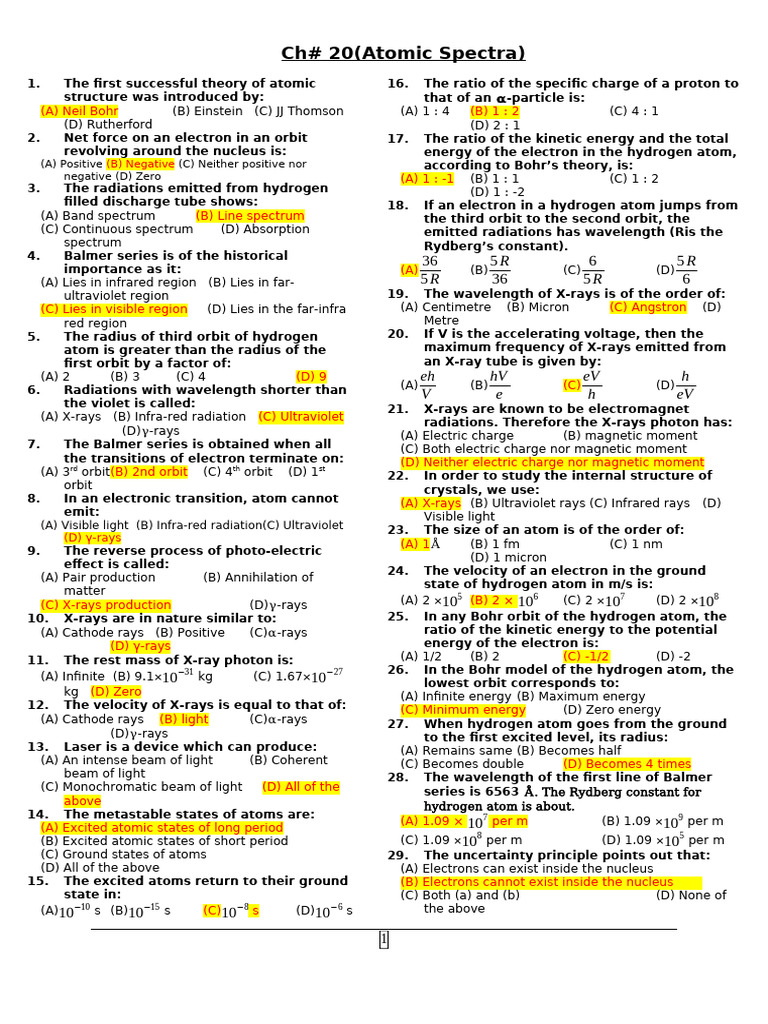 Atomic Spectra Quiz Questions | PDF | Electromagnetic Radiation | Atoms