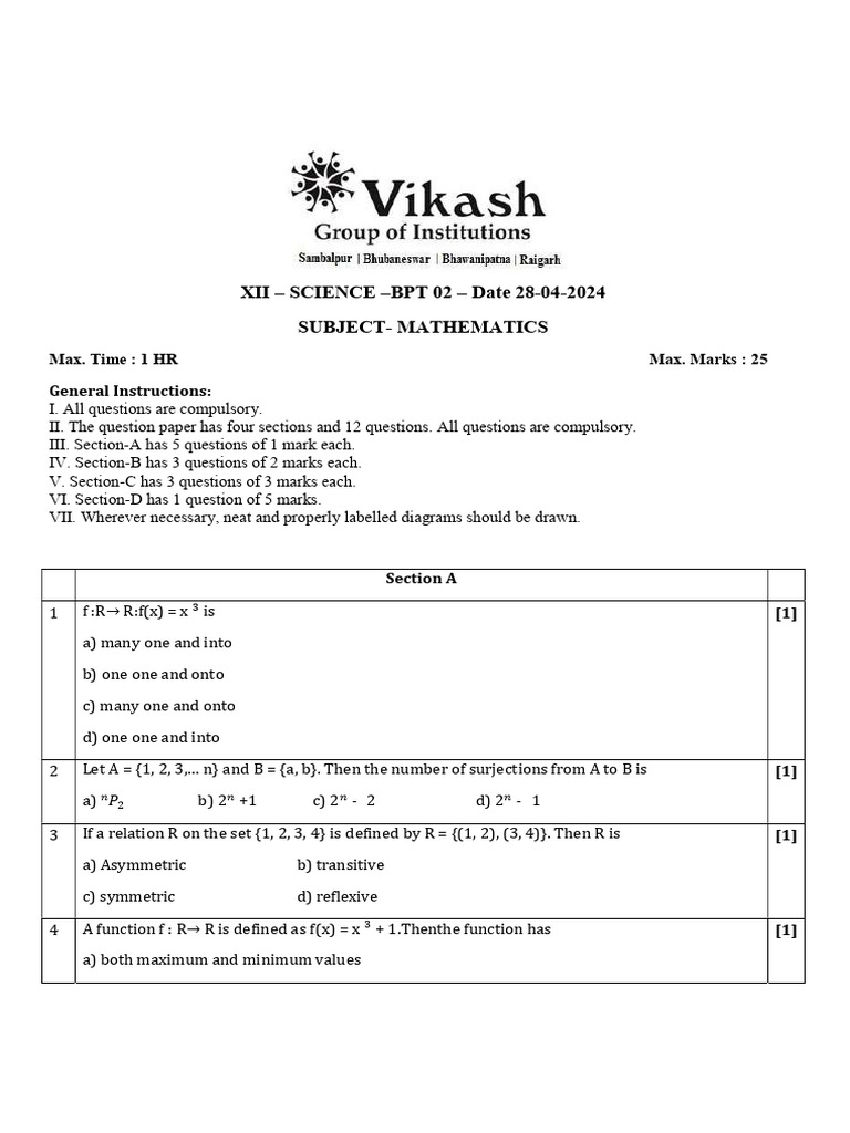 XII - SCIENCE-MATH - BPT 02 - Date 28-04-2024 | PDF | Function ...