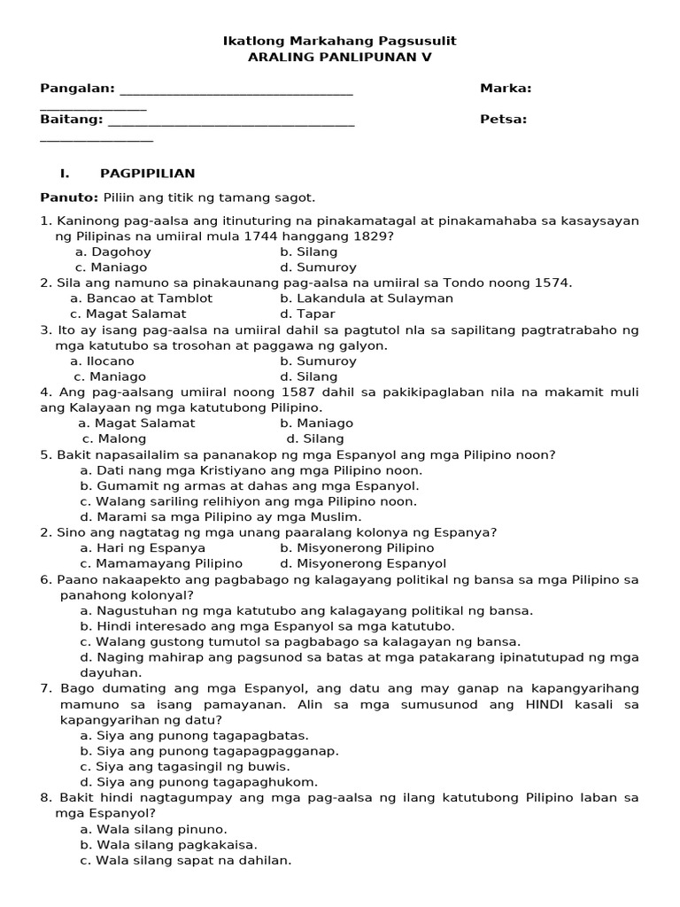 3rd quarter exam AP5 | PDF