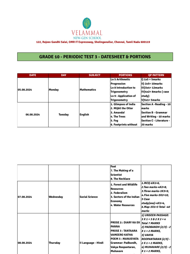 Grade 10 - Periodic Test 3 - Datesheet & Portions | PDF