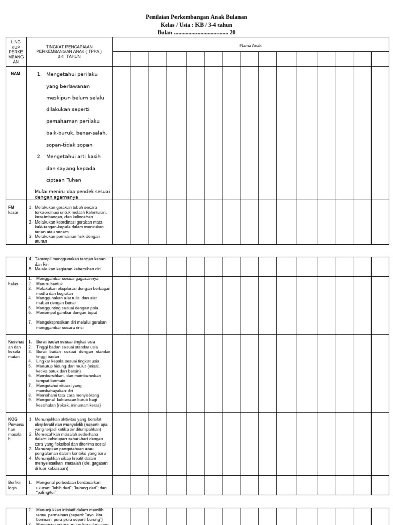 Penilaian Perkembangan Anak Bulanan KB | PDF