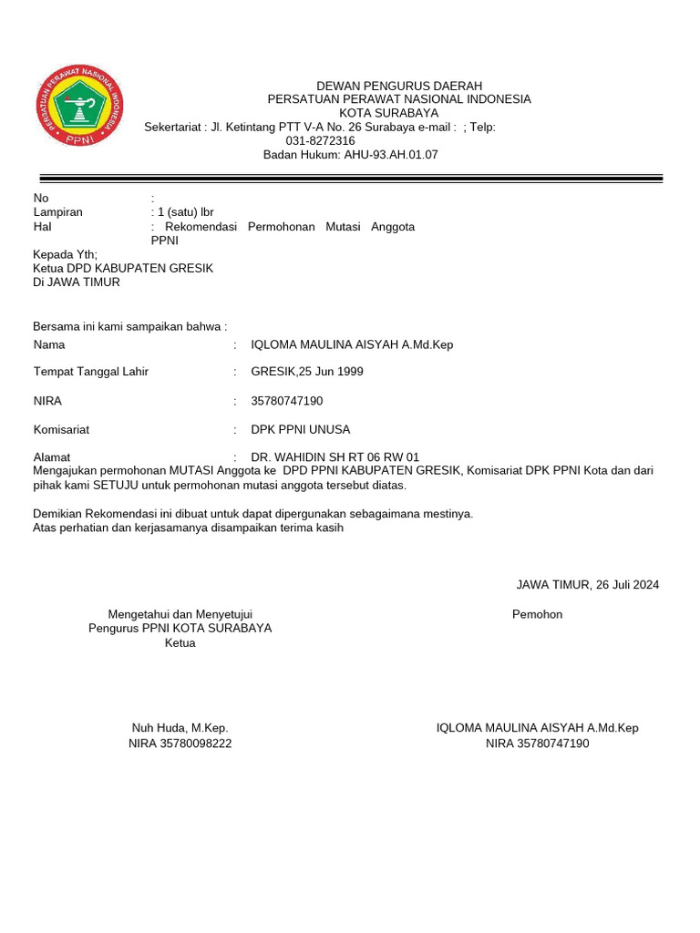 Surat Pengajuan Mutasi | PDF