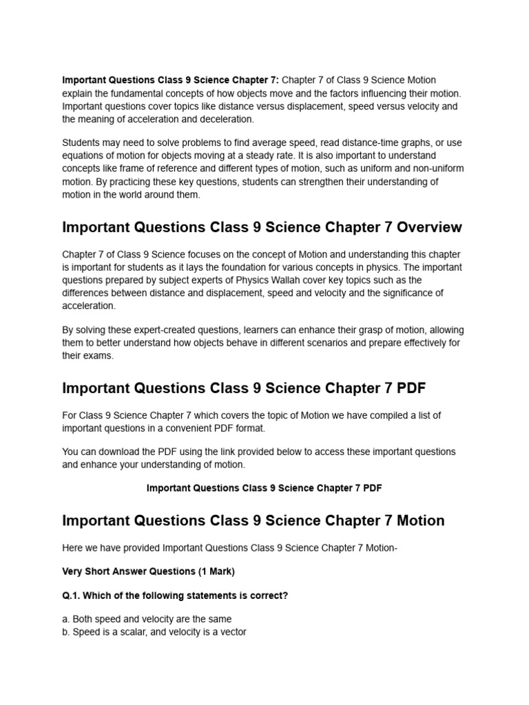 Class 9 Science Motion Key Questions | PDF | Velocity | Acceleration