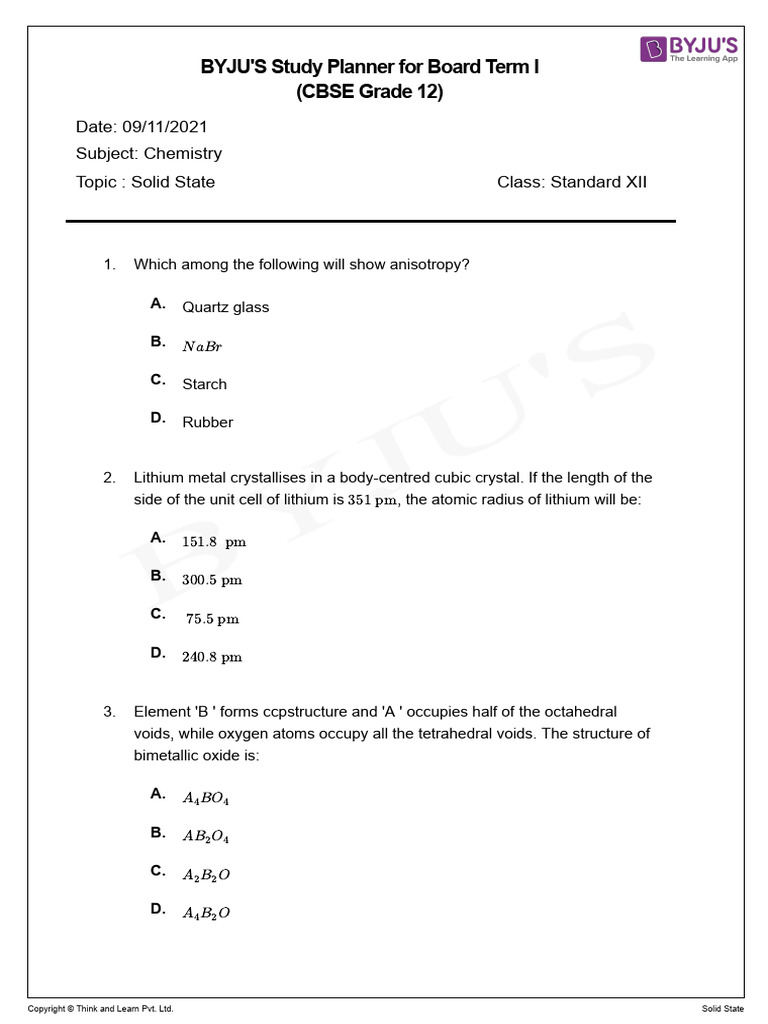 CBSE Class 12 Chemistry Solid State Practice Questions | PDF | Crystal ...